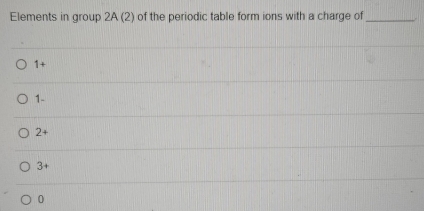 Solved: Elements in group 2A(2) of the periodic table form ions with a charge of_ 1+ 1 - 2+ 3+ 0 ...