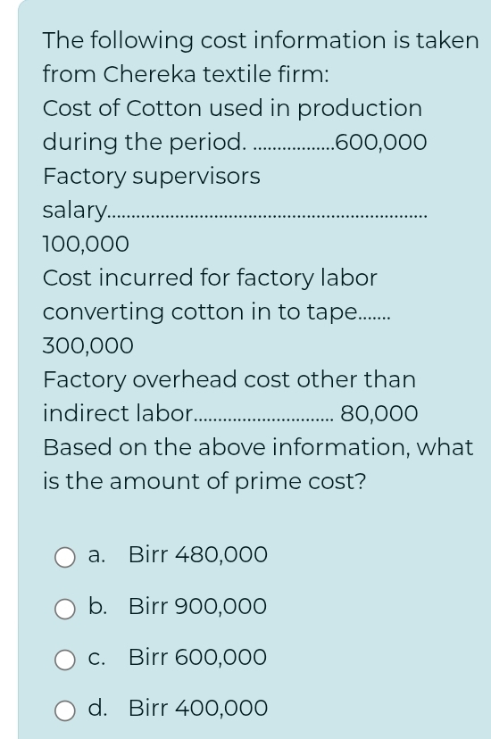 Solved: The following cost information is taken from Chereka textile ...