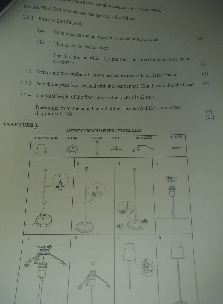 Solved: JW shows the assembly diagrams for a floor lamp. Use ANNEXURE B ...