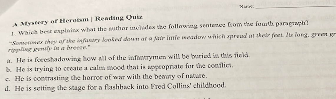 Solved: Name:_ A Mystery of Heroism | Reading Quiz 1. Which best ...