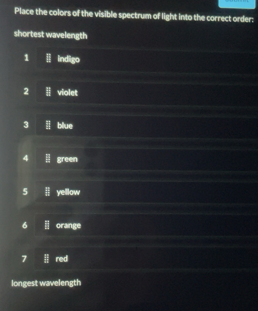 Solved: Place the colors of the visible spectrum of light into the ...