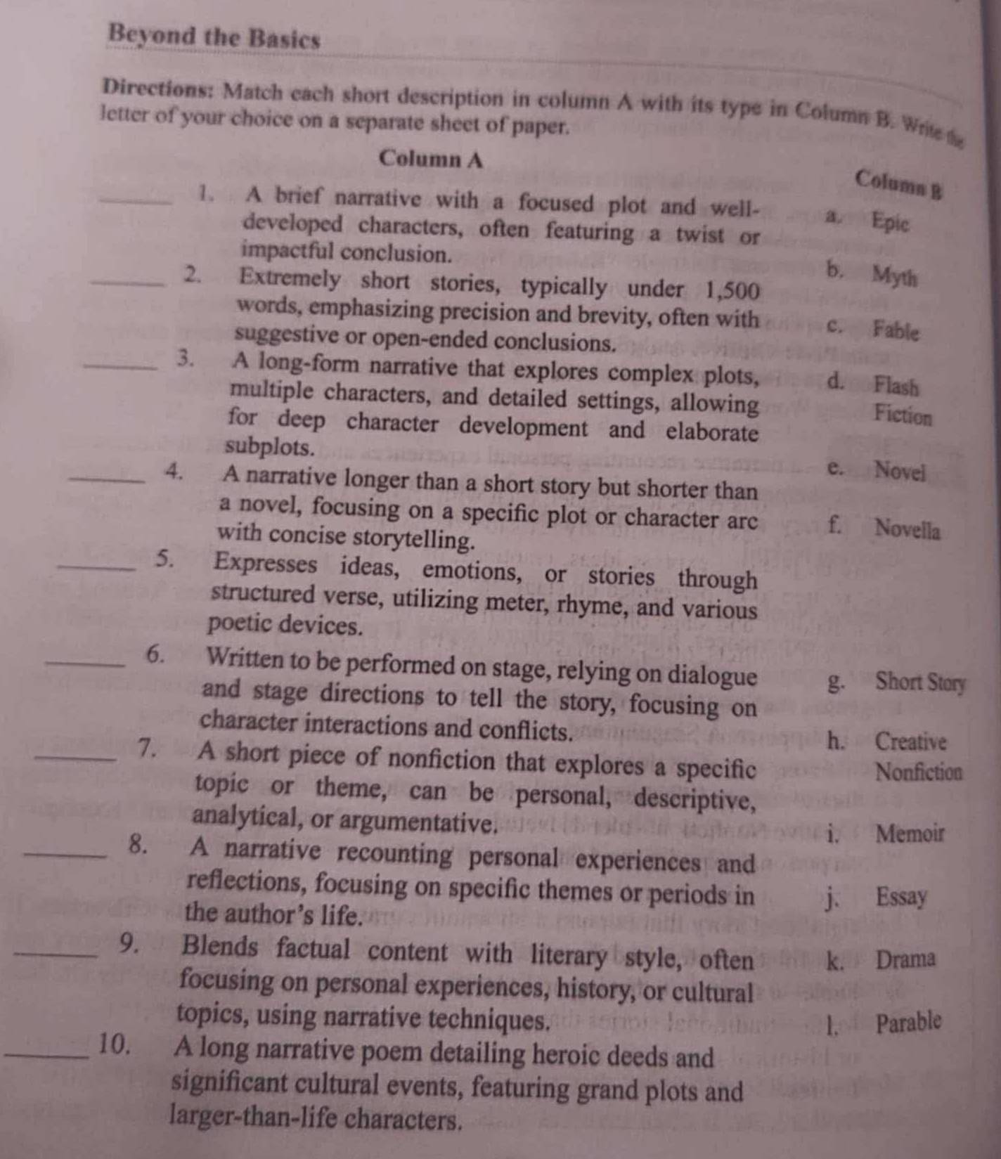 Solved: Beyond the Basics Directions: Match each short description in column A with its type in ...