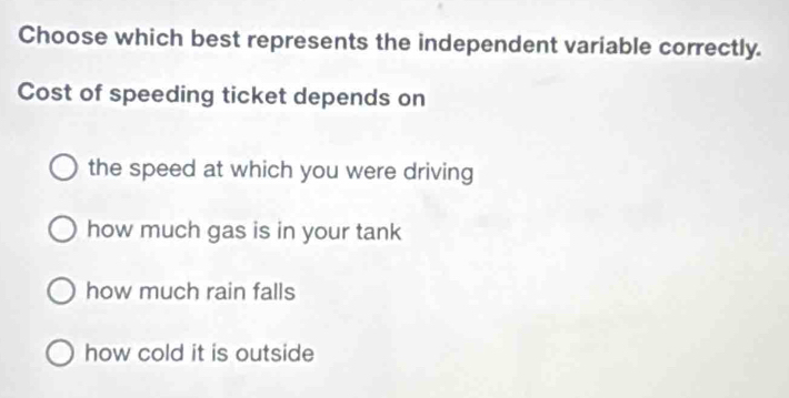 Solved: Choose which best represents the independent variable correctly ...