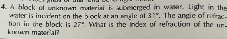 Solved: A block of unknown material is submerged in water. Light in the ...