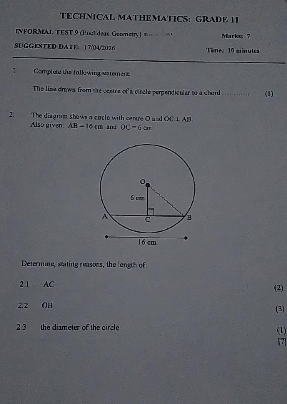 Solved: TECHNICAL MATHEMATICS: GRADE 11 INFORMAL TEST 9 (Euclidean ...