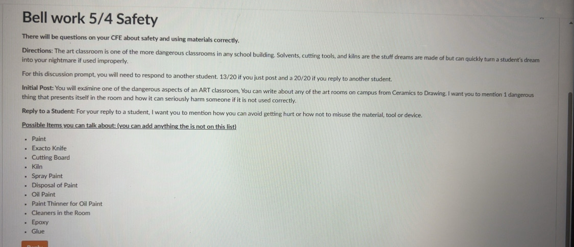 Solved: Bell work 5/4 Safety There will be questions on your CFE about ...
