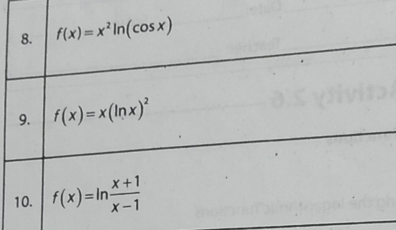 Solved: f(x)=x^2ln (cos x) 9. f(x)=x(ln x)^2 10. f(x)=ln (x+1)/x-1 ...