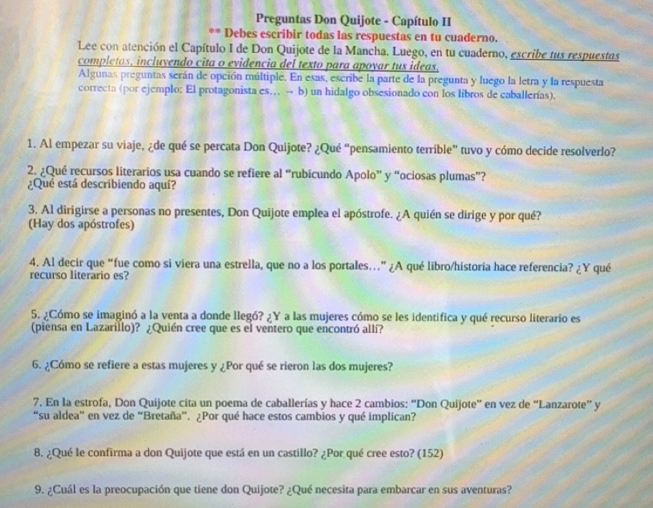 Solved: Preguntas Don Quijote - Capítulo II ** Debes escribir todas las ...