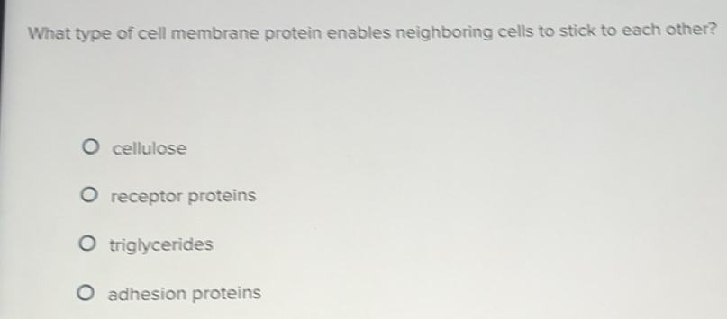 Solved: What type of cell membrane protein enables neighboring cells to ...