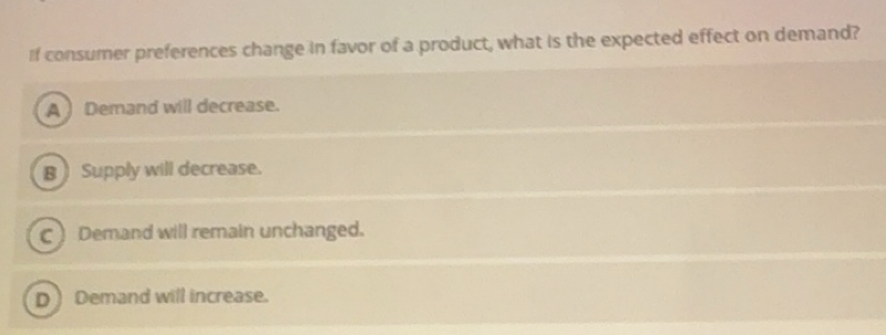 Solved: If consumer preferences change in favor of a product, what is ...