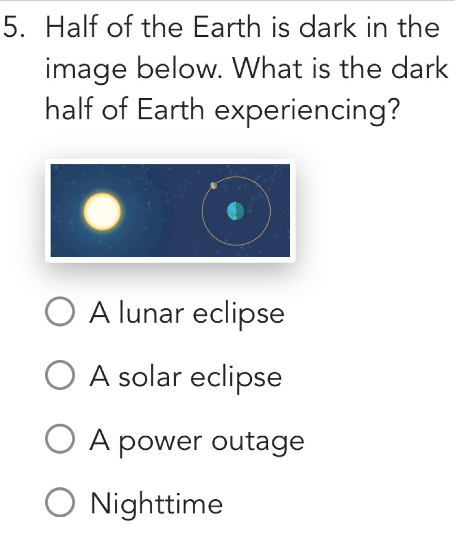 Solved: Half of the Earth is dark in the image below. What is the dark ...