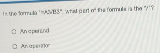 Solved: In the formula " =A3/B3 , what part of the formula is the ...