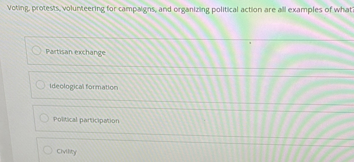 Solved: Voting, protests, volunteering for campaigns, and organizing ...