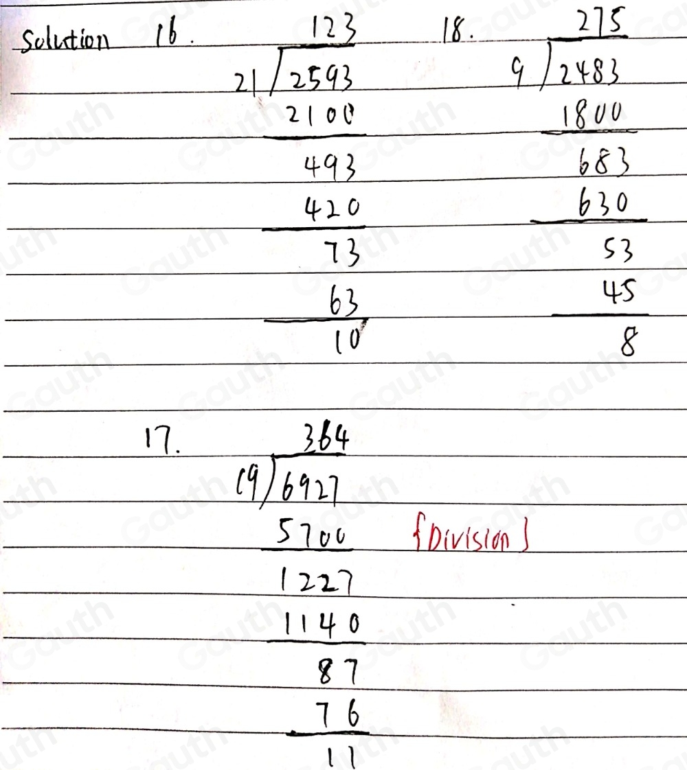 Solved: In 16-19, divide. Record remainders. 16. 2,593/ 21 17 ...