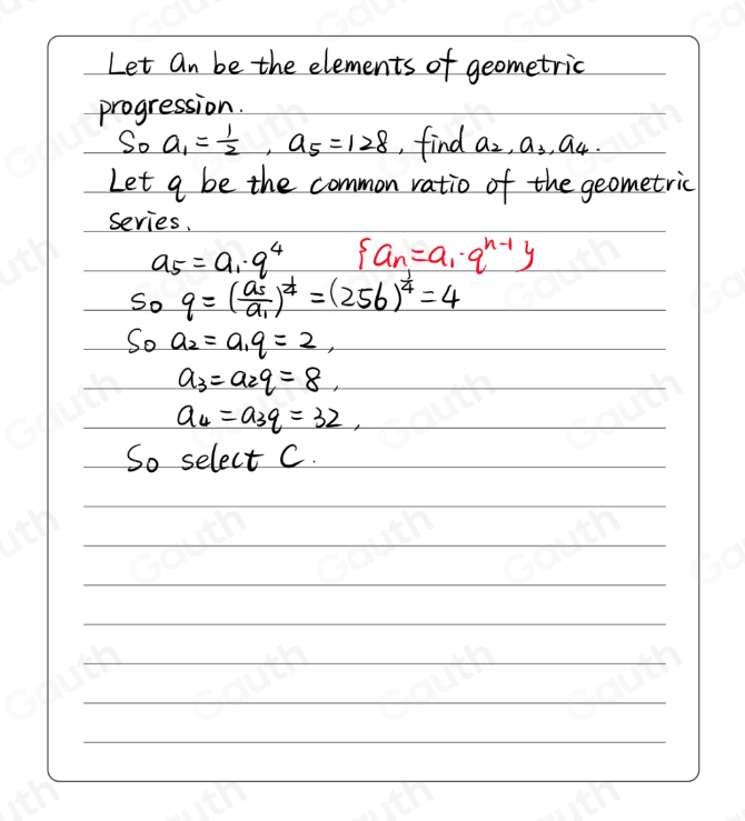 Solved: Insert 3 geometric means between 1/2 and 128 4, 8, 16 6, 18, 54 2, 8, 32 1, 4, 16 [Math]