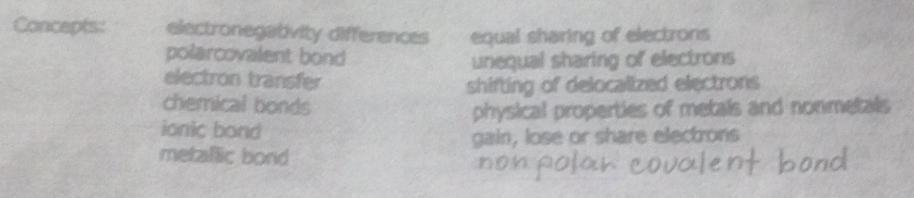 Solved: Concepts: electronegativity differences equal sharing of ...