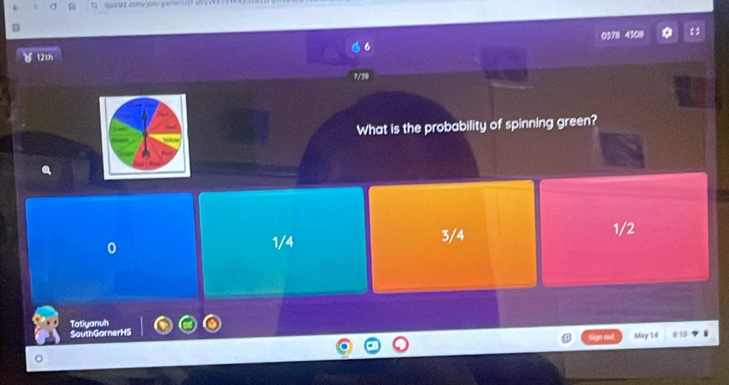 Solved: 12th 0378 4300 12 7/9 What is the probability of spinning green ...