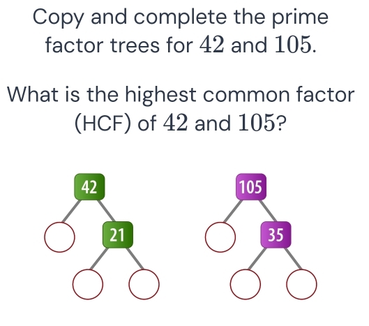 Solved: Copy and complete the prime factor trees for 42 and 105. What ...