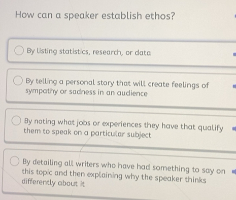 Solved: How can a speaker establish ethos? By listing statistics ...