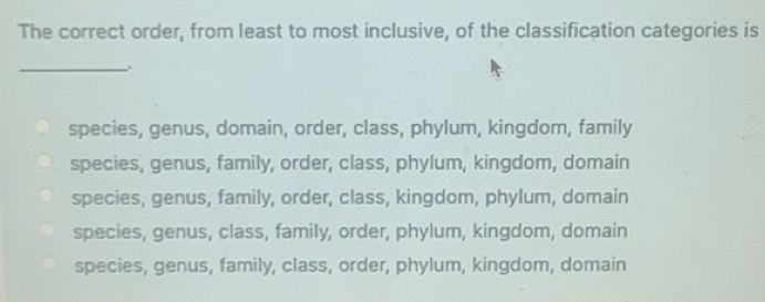 Solved: The correct order, from least to most inclusive, of the ...
