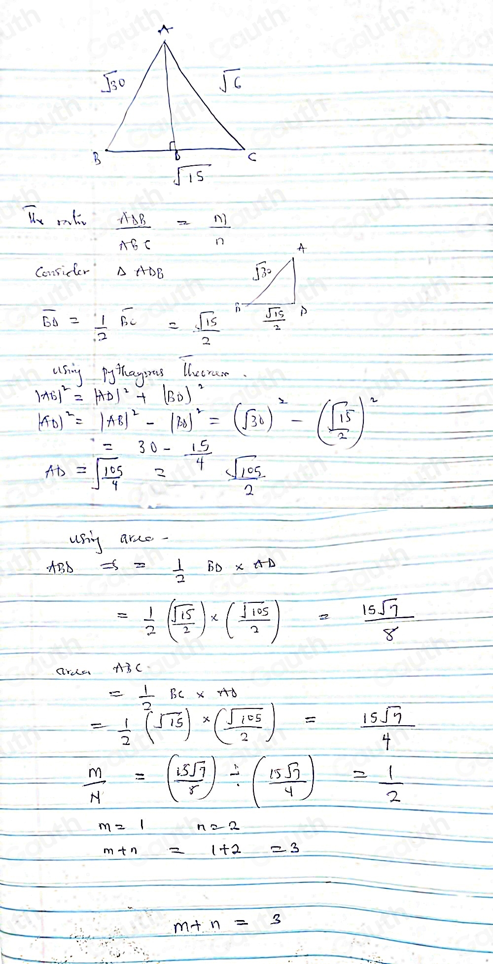 Solved: In triangle ABC, AB=sqrt(30), AC=sqrt(6) , and BC=sqrt(15 ...