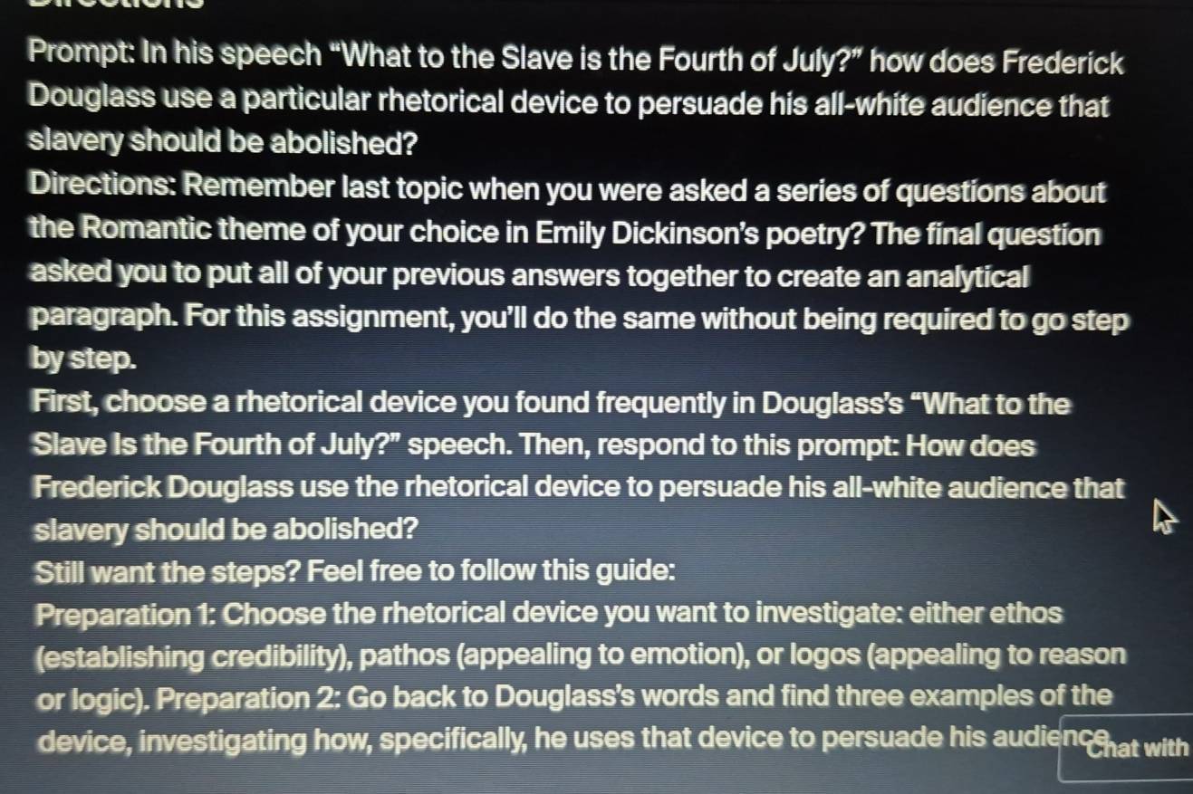 Solved: Prompt: In his speech “What to the Slave is the Fourth of July ...