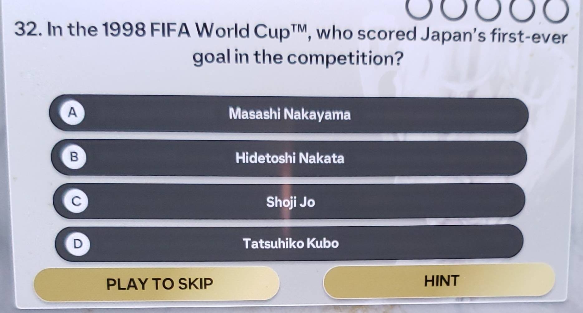 Solved: In the 1998 FIFA World Cup^(TM) , who scored Japan’s first-ever ...