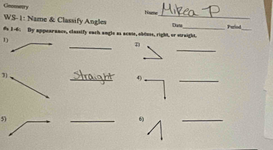 Solved: Geometry Name _ _ WS-1: Name & Classify Angles Dats Perind #s 1 ...