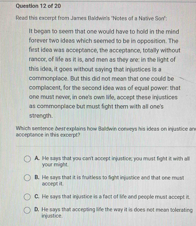 Solved: Read this excerpt from James Baldwin's "Notes of a Native Son ...