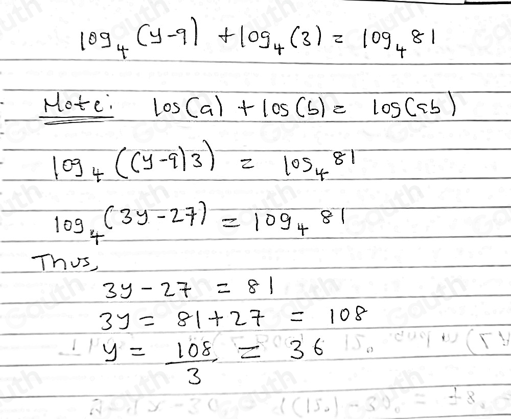 Solved: Using logarithmic properties, what is the solution to log _4(y-9)+log _43=log _481? Show ...