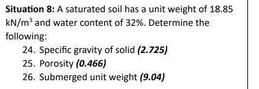 Solved: Situation 8: A saturated soil has a unit weight of 18.85 kN/m^3 ...