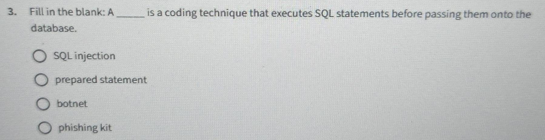 Solved: Fill in the blank: A _is a coding technique that executes SQL ...