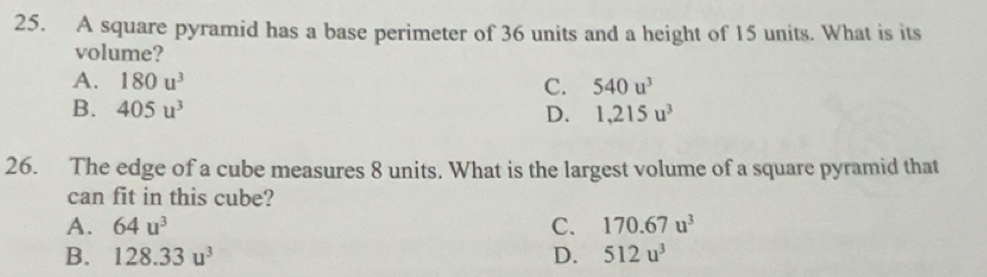 Solved: A square pyramid has a base perimeter of 36 units and a height ...