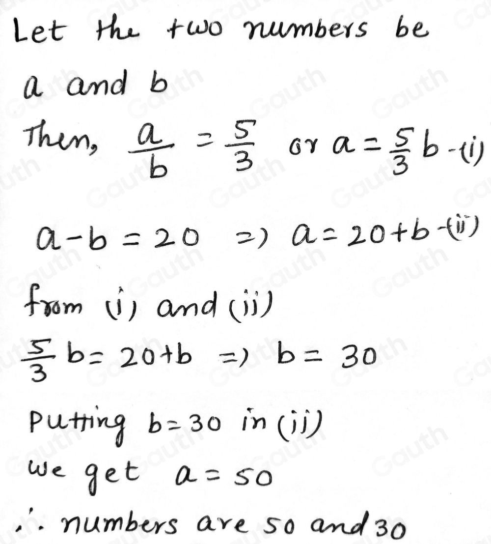 Solved: The ratio of two numbers is 5:3 and their difference is 20 ...