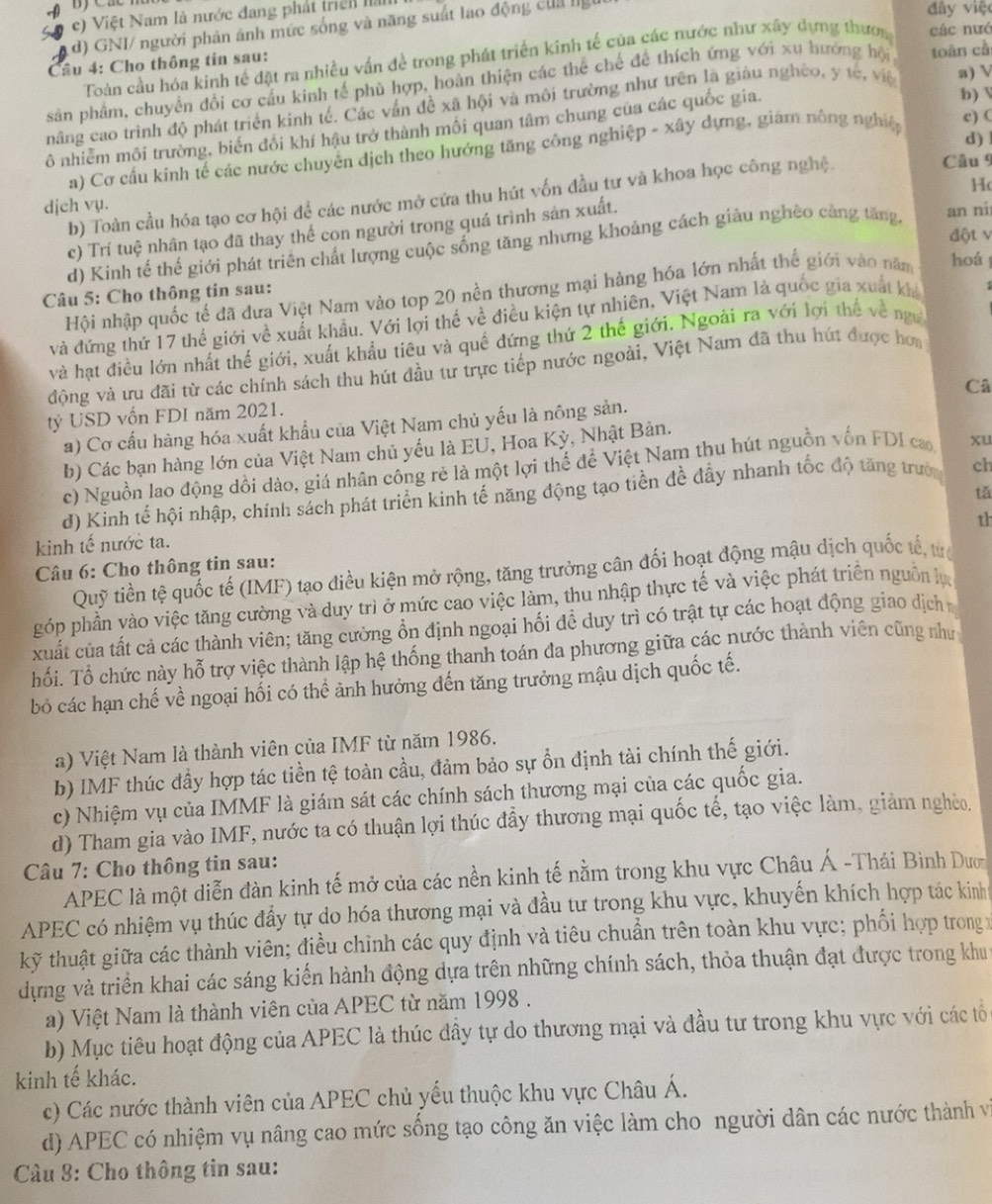 Giải quyết:Việt Nam là nước đang phát triển hàn d) GNI/ người phản ảnh ...