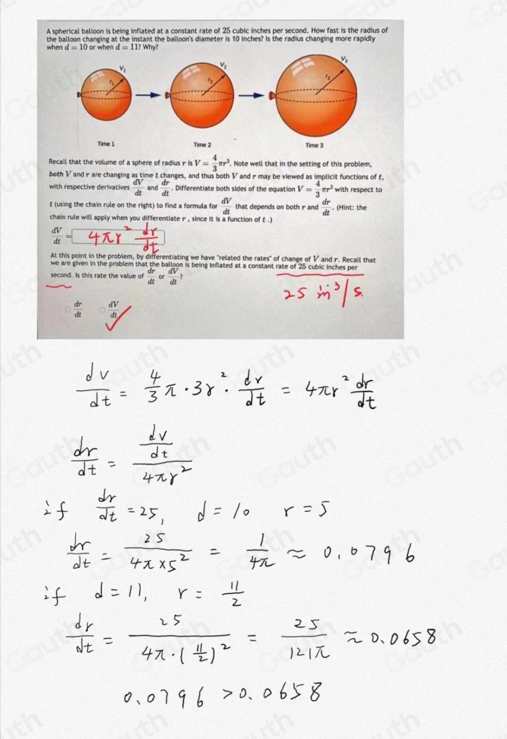 Solved: A spherical balloon is being inflated at a constant rate of 25 ...
