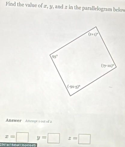 Solved: Find the value of x, y, and z in the parallelogram below Answer ...