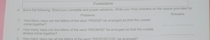 Solved: Permutation A. Solve the following. Show your complete and ...