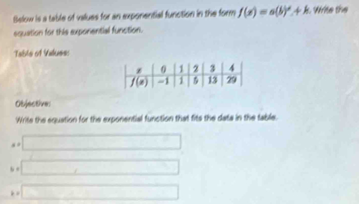 Solved: Below is a table of values for an exponential function in the ...