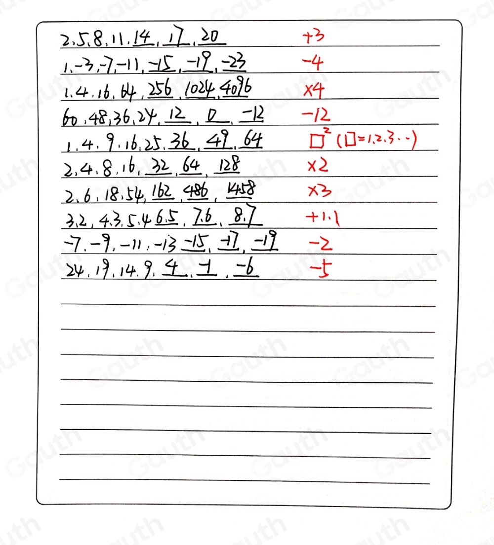 Solved: Find the next three terms of the given sequences. 1. 2, 5, 8 ...