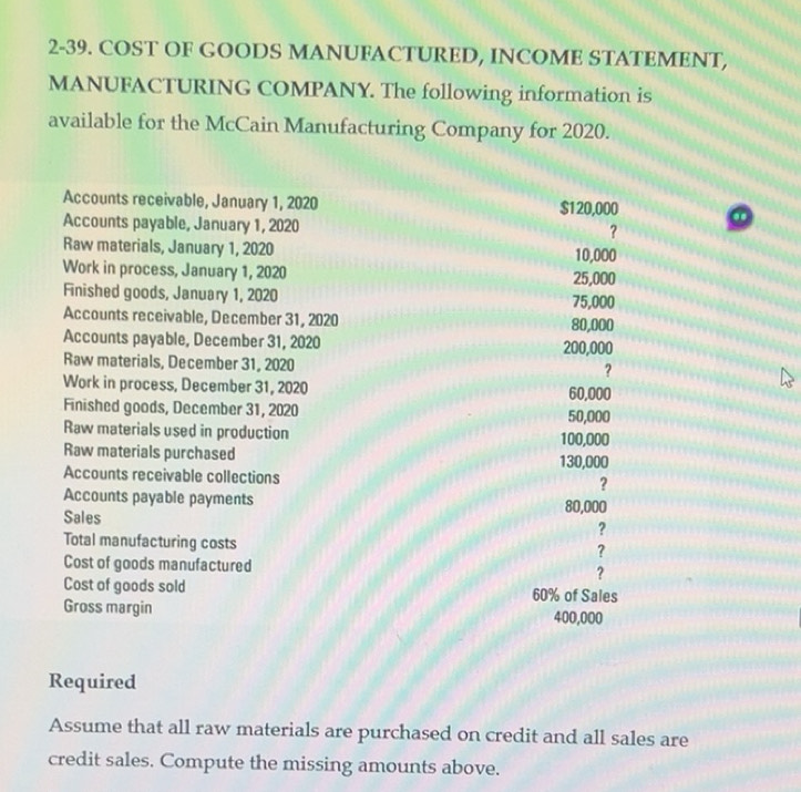 Solved: 2-39. COST OF GOODS MANUFACTURED, INCOME STATEMENT ...