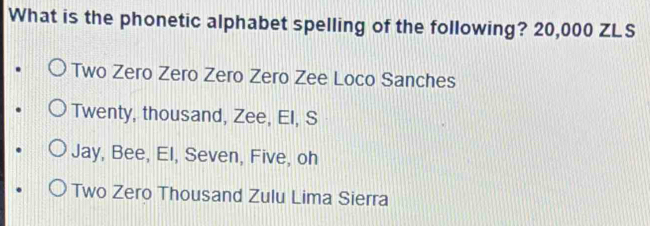 Solved: What is the phonetic alphabet spelling of the following? 20,000 ...