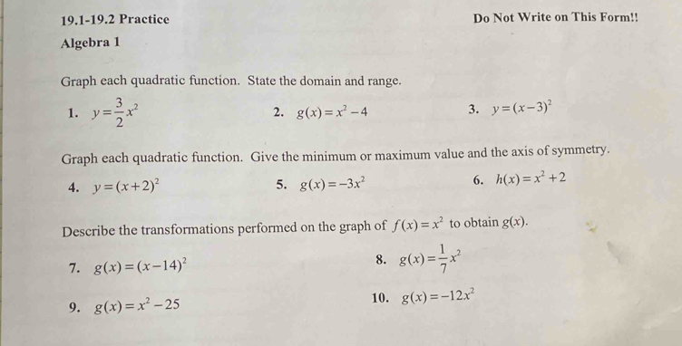 Solved: 19.1-19.2 Practice Do Not Write on This Form!! Algebra 1 Graph ...