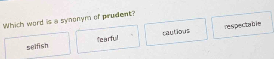 Solved: Which word is a synonym of prudent? selfish fearful cautious ...