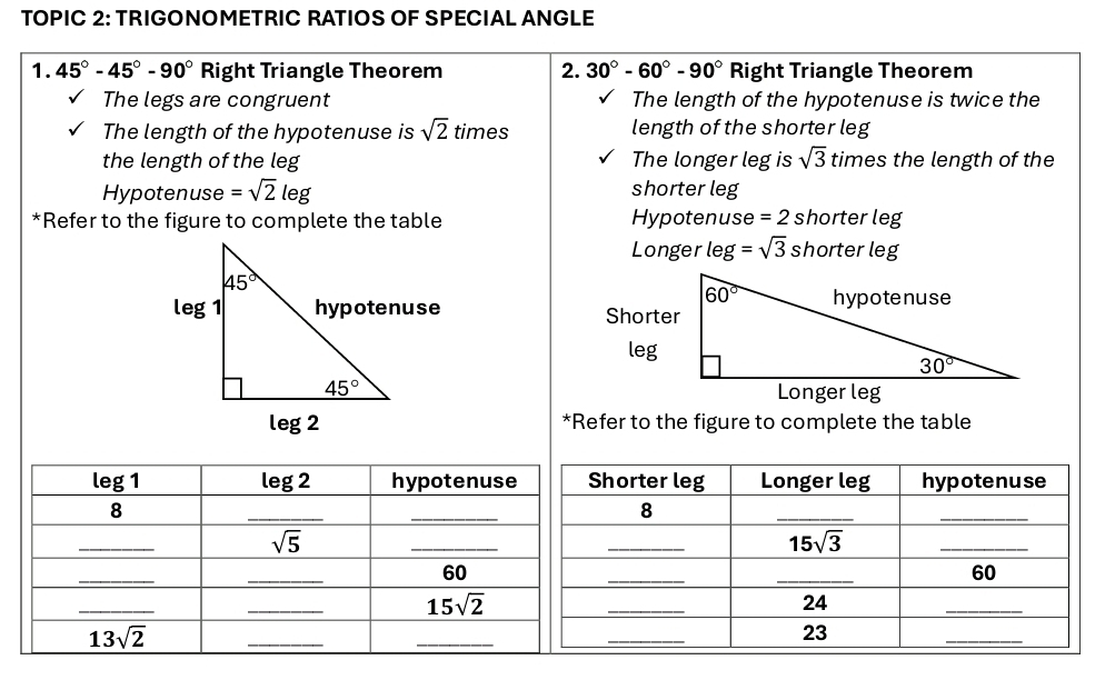 Solved: TOPIC 2: TRIGONOMETRIC RATIOS OF SPECIAL ANGLE 1. 45°-45°-90 ...