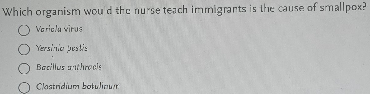 Solved: Which organism would the nurse teach immigrants is the cause of ...