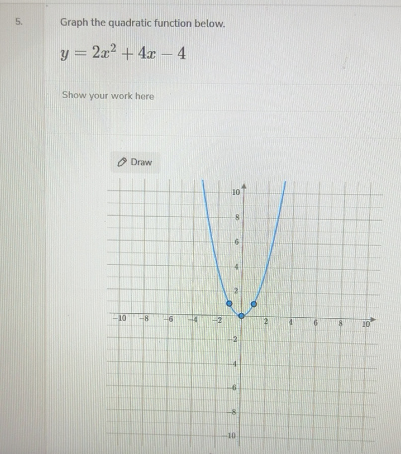 Solved: Graph the quadratic function below. y=2x^2+4x-4 Show your work ...