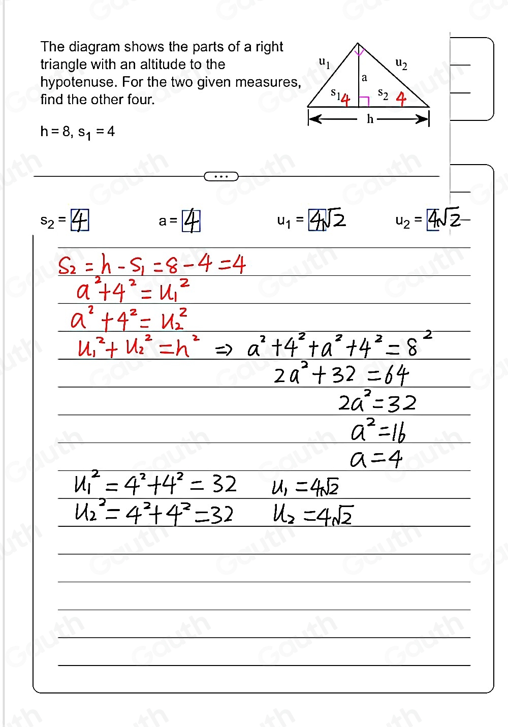 Solved: The diagram shows the parts of a right triangle with an ...