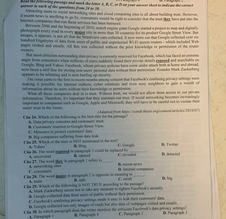 Giải quyết:Read the following passage and mark the letter A, B, C, or D ...