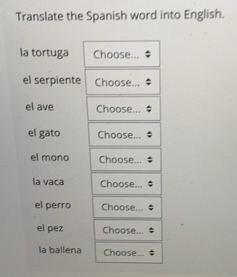 Solved: Translate the Spanish word into English. la tortuga Choose ...